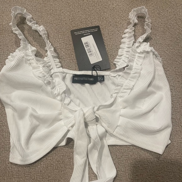 PrettyLittleThing | Tops | Pretty Little Thing White Rib Ruffle Tie ...